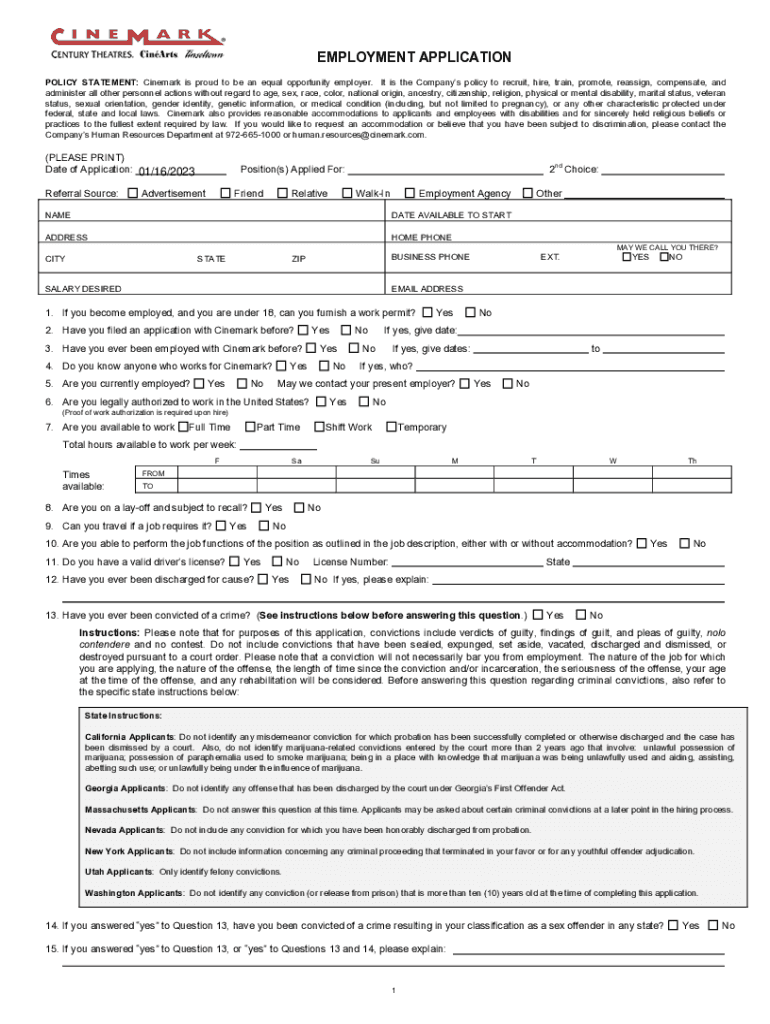 Fillable Online Cinemark Job Application Form. Job Application Fax Email Print - pdfFiller