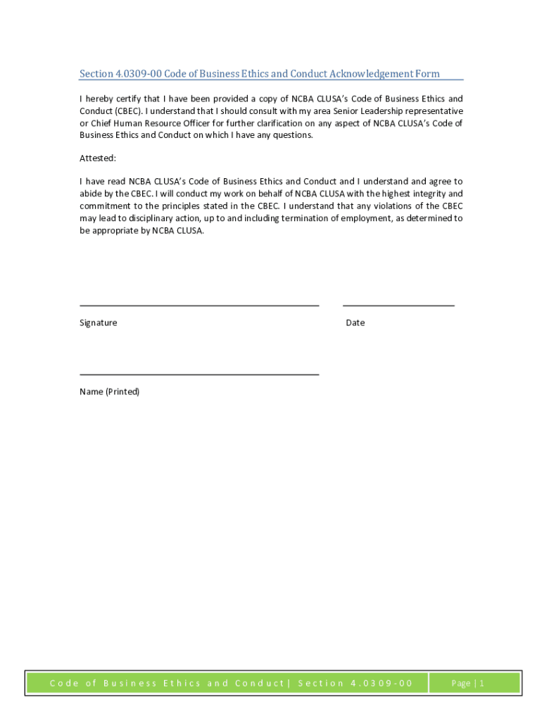 Fillable Online Code of Business Ethics & Conduct Acknowledgement Form ...