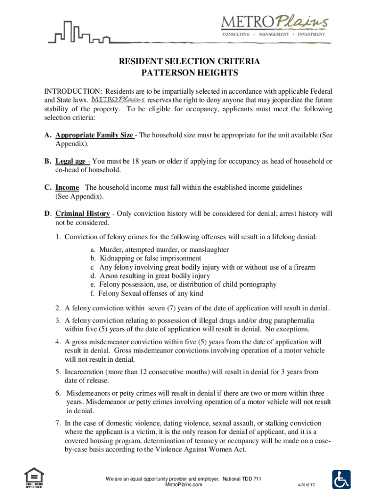 Fillable Online RESIDENT SELECTION CRITERIA PATTERSON HEIGHTS Fax Email ...