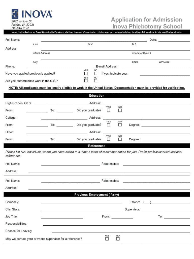 Fillable Online Application for Admission Inova Phlebotomy School Fax Email Print - pdfFiller