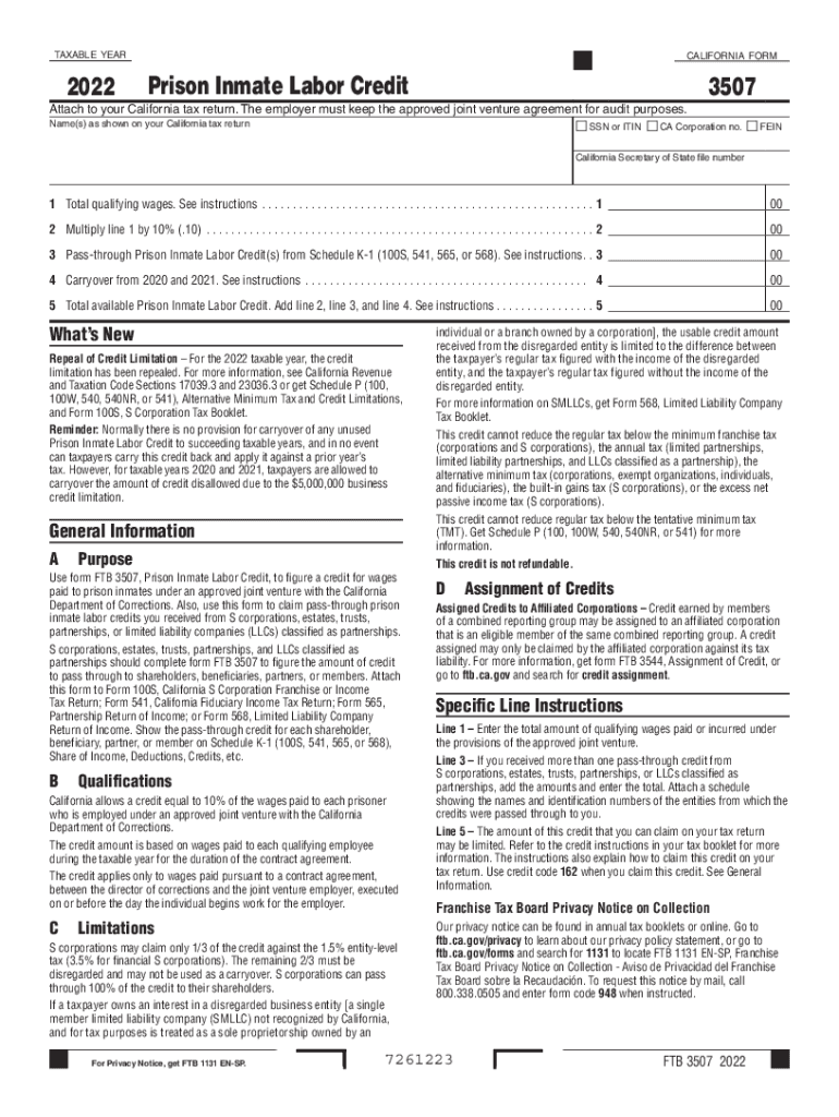 Fillable Online 2022 Form 3507 Prison Inmate Labor Credit. 2022, Form ...