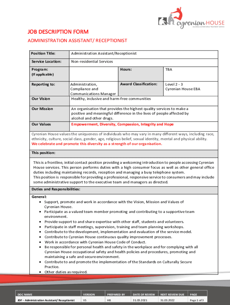 Fillable Online job description form - administration assistant ...