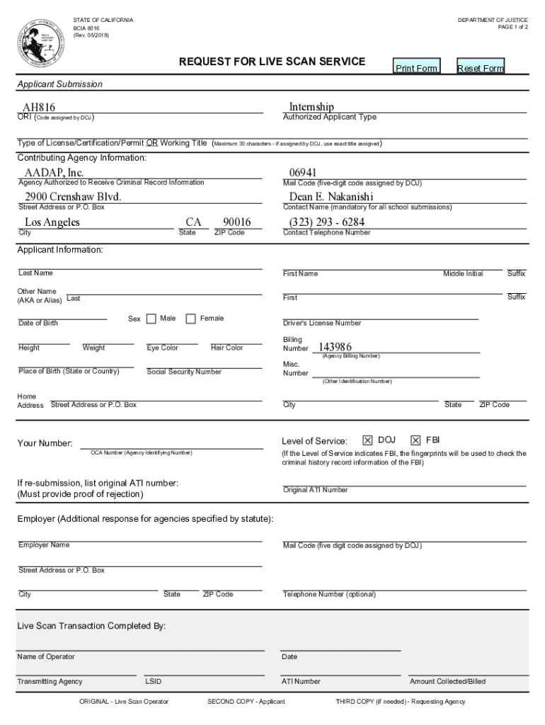 Fillable Online REQUEST FOR LIVE SCAN SERVICE AH816 Internship AADAP ...