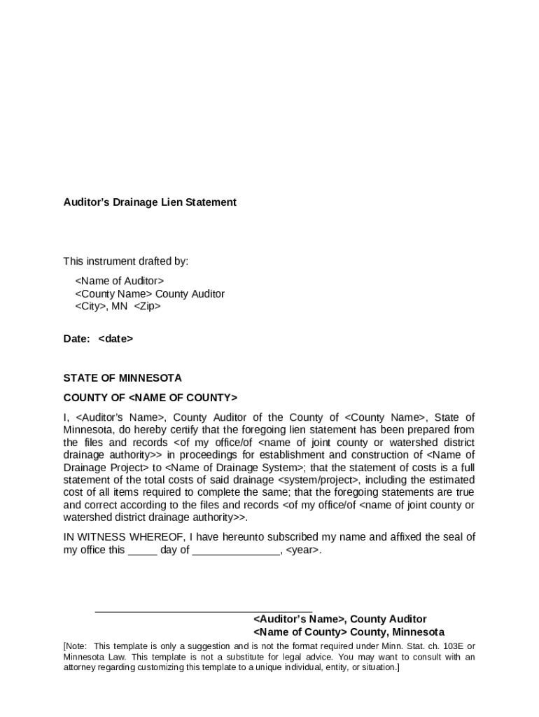 Template A: Drainage Lien Statement - bwsr state mn Doc Template | pdfFiller