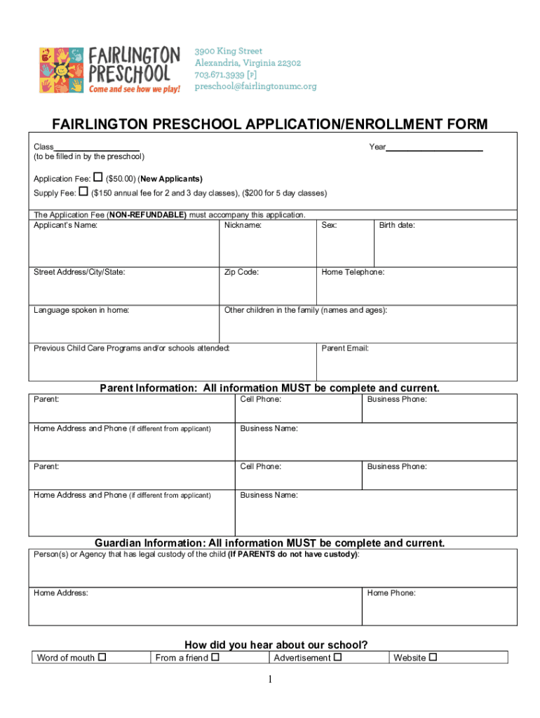 Fillable Online fairlington preschool application/enrollment form Fax ...