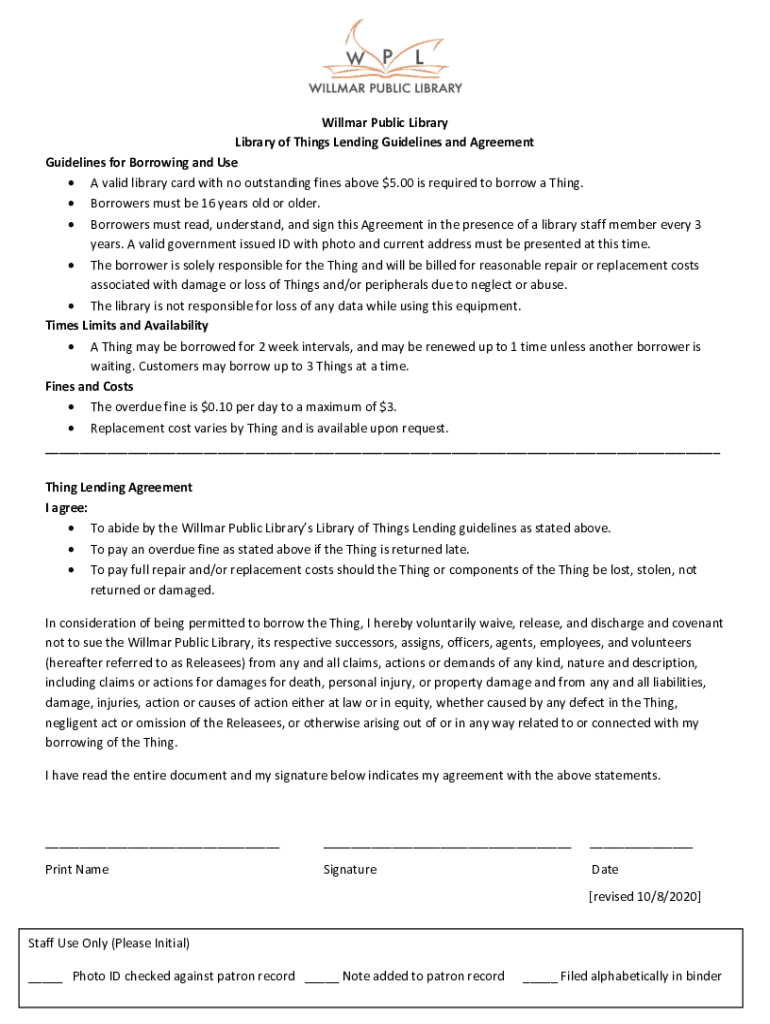 Fillable Online Library of Things Lending Guidelines and Agreement Fax ...