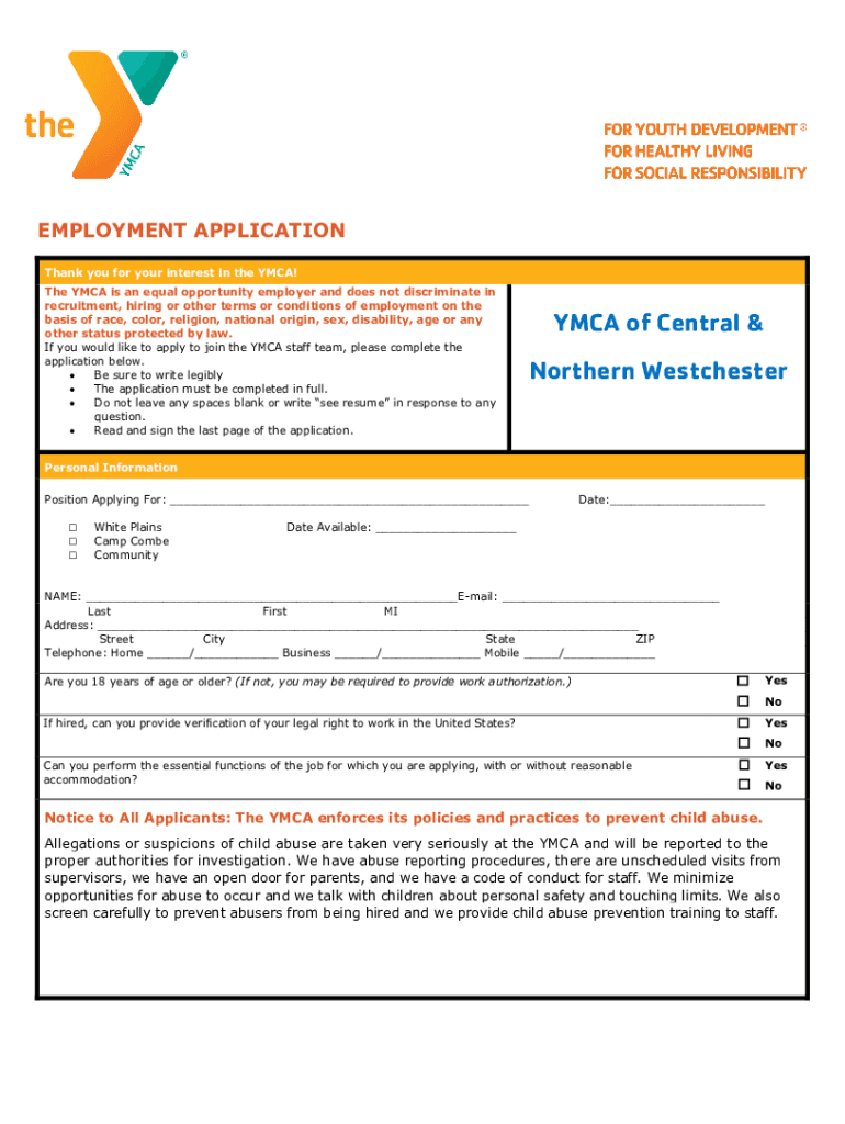 Fillable Online Employment Application - The YMCA of Klamath Falls Fax ...