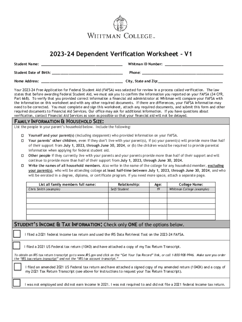 Fillable Online 2023-2024 V1 Dependent Student Verification Worksheet Fax Email Print - pdfFiller