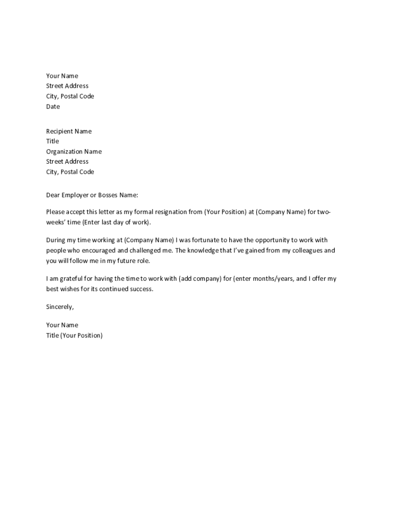 Fillable Online Formal Resignation Letter Sample Template Fax Email ...