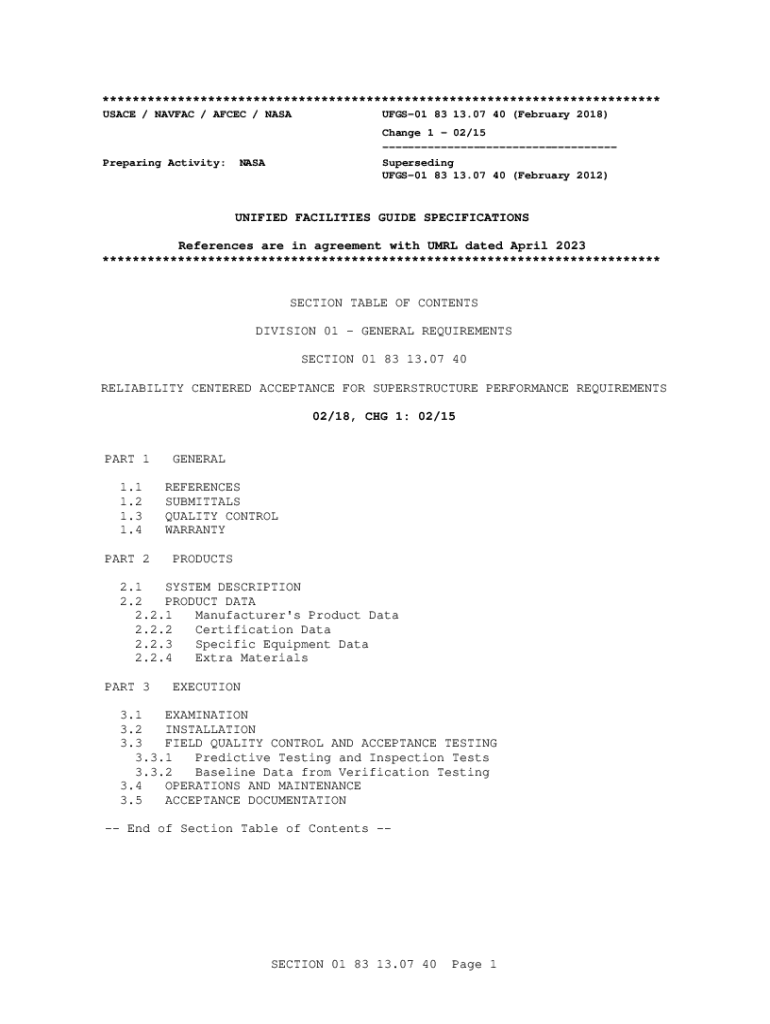 Fillable Online UFGS 01 83 13.07 40 Reliability Centered Acceptance for ...