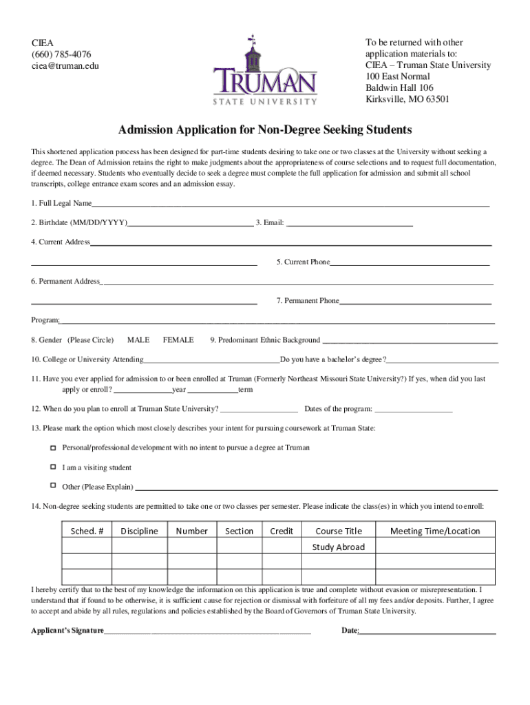 Fillable Online studyabroad truman Admission Application for Non-Degree Seeking Students Fax ...
