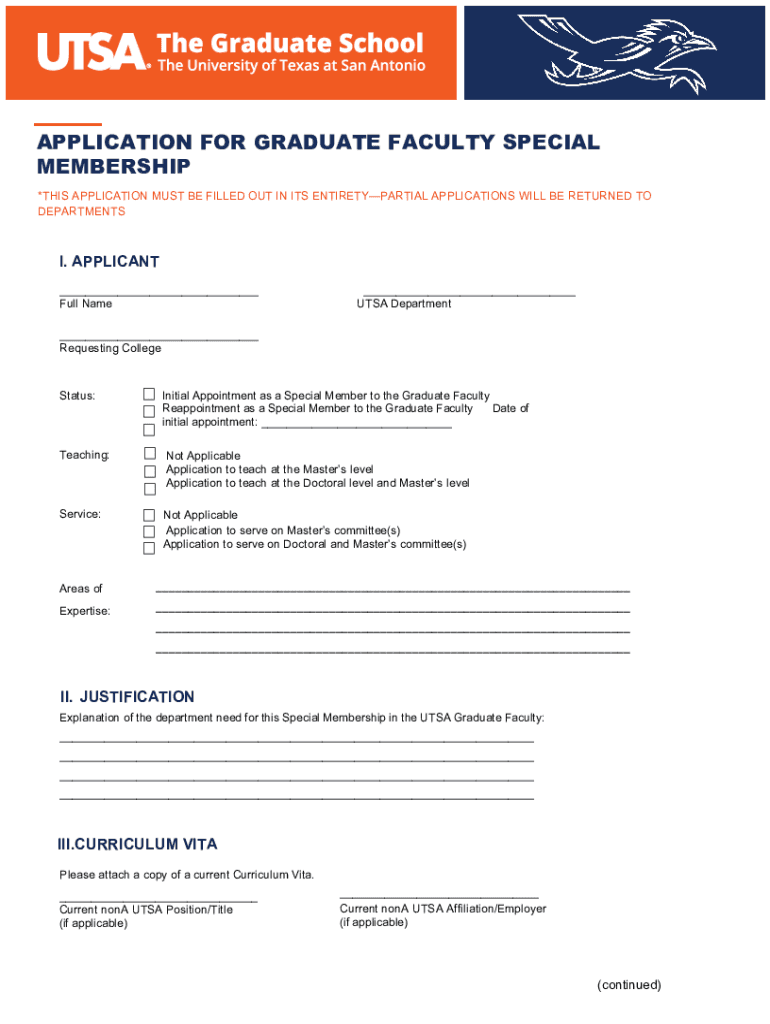 Fillable Online graduateschool utsa Graduate Faculty Special and ...