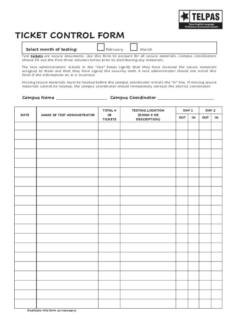 Fillable Online TICKET CONTROL FORM Fax Email Print - pdfFiller