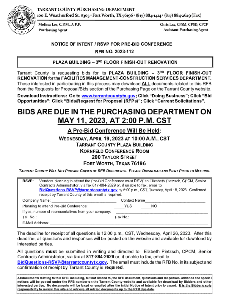Fillable Online Notice of Intent / RSVP for Pre-Bid Conference Fax ...