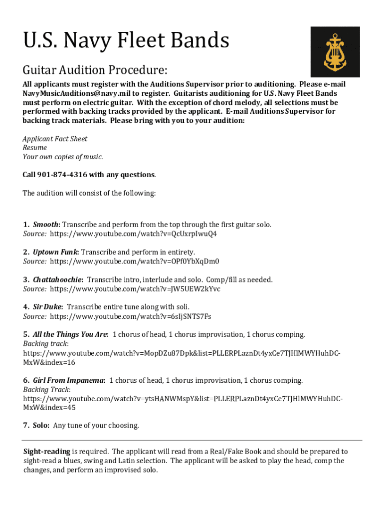Fillable Online U.S. Navy Fleet Bands Guitar - Los Angeles, CA ...