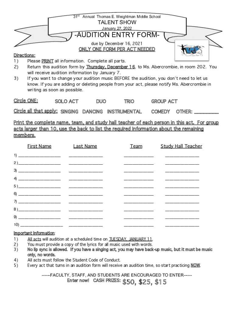 Fillable Online tewms pasco k12 fl Talent Show Audition Entry Form Fax ...