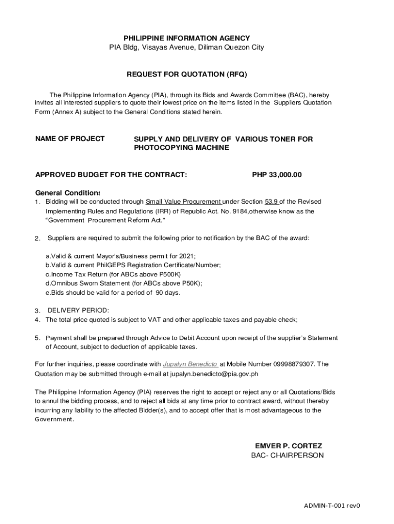 Fillable Online pia gov The Philippine Information Agency (PIA), through its Bids and Awards ...