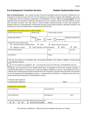 Fillable Online Pre-Employment Transition Services Student ...
