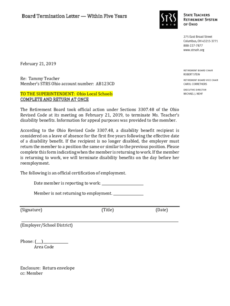 Fillable Online Letter to EmployerDisability Benefit Termination ...