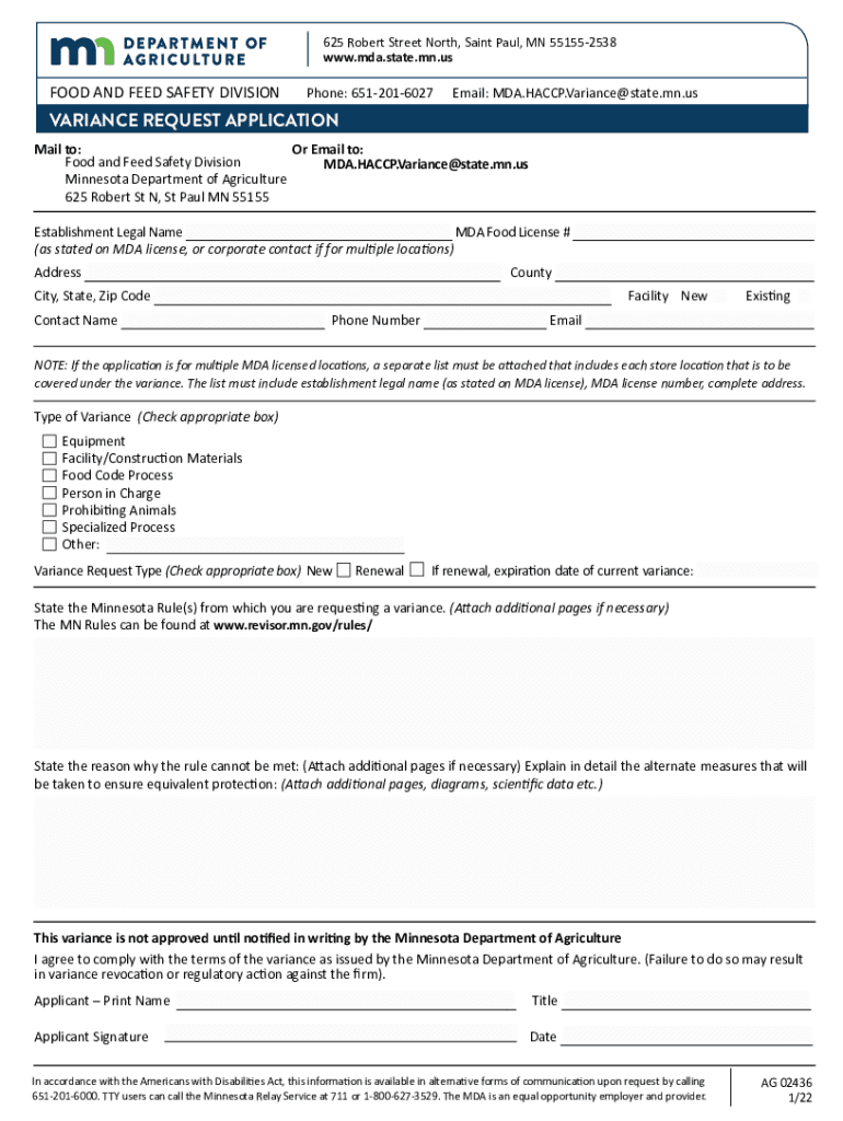 Fillable Online AG02436 Variance Request Application. variance ...