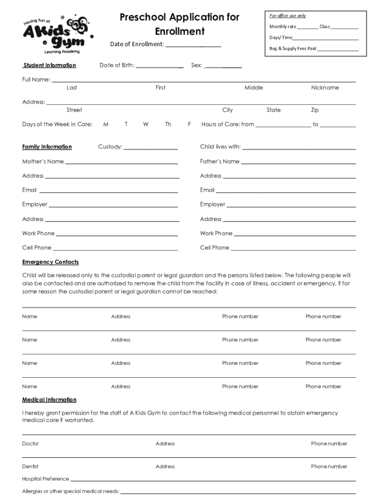 Fillable Online One91 Full Day Preschool 3 or 4 year old Enrollment ...