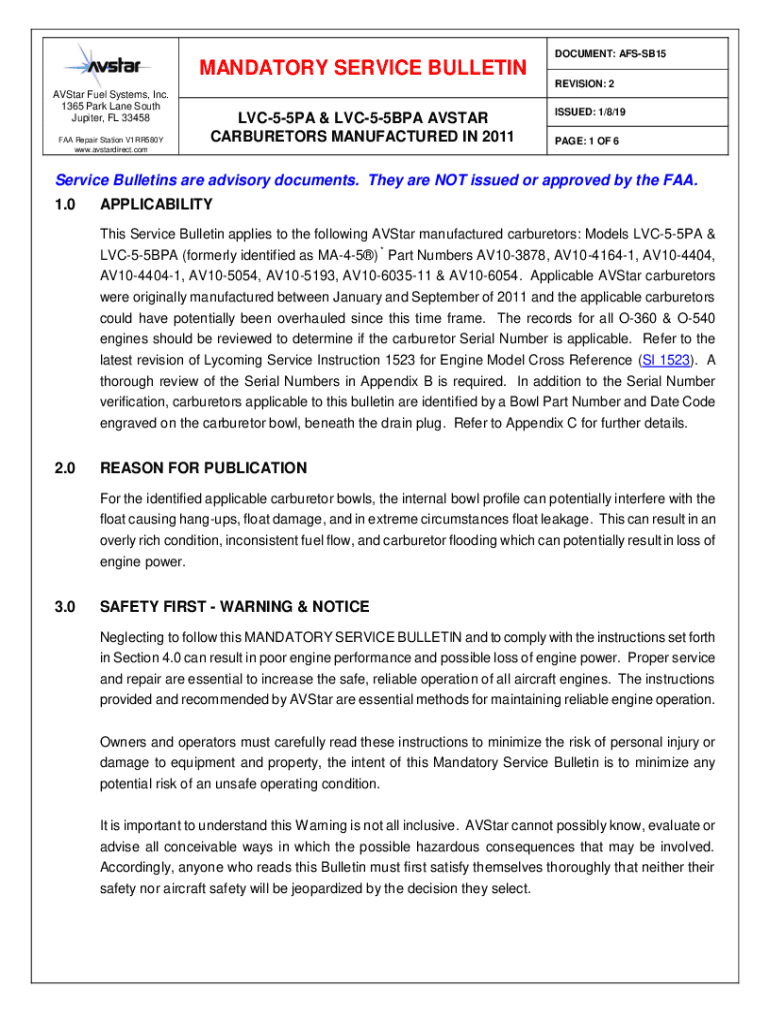 Fillable Online AVStar Service Bulletin AFS-SB15. Training Attendance ...