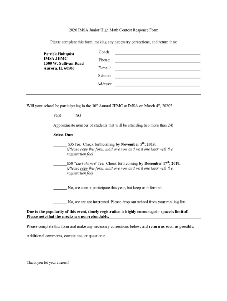 Fillable Online 2020 IMSA Junior High Math Contest Response Form Fax ...