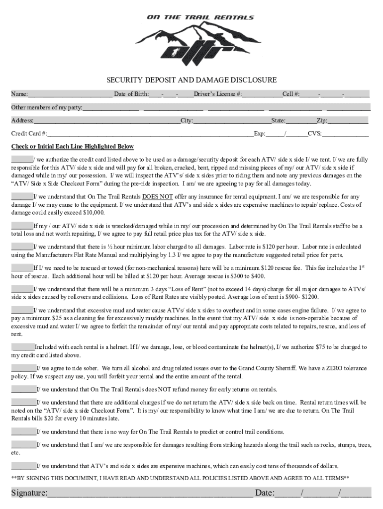 Fillable Online SECURITY DEPOSIT AND DAMAGE DISCLOSURE FOR OTTR ATVs ...