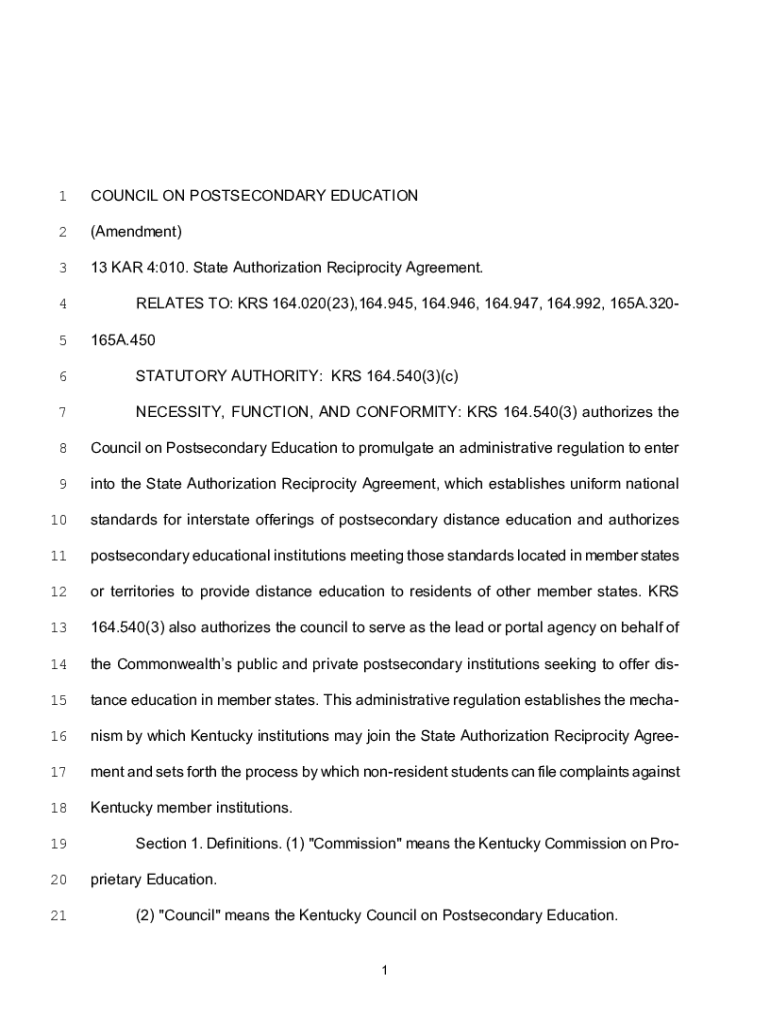 Fillable Online 13 KAR 4:010. State Authorization Reciprocity Agreement. Fax Email Print - pdfFiller