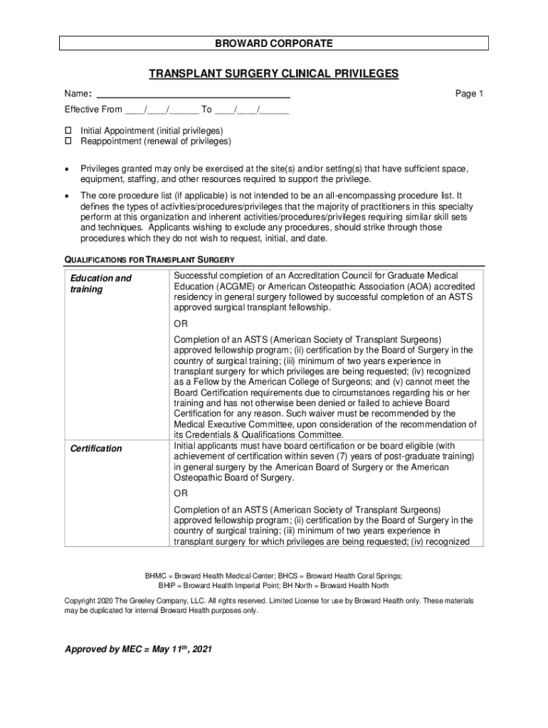 Fillable Online TRANSPLANT SURGERY CLINICAL PRIVILEGES Fax Email Print - pdfFiller