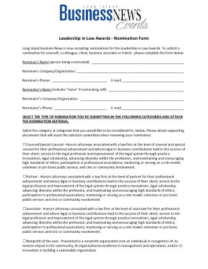 Fillable Online Leadership in Law Awards - Nomination Form Fax Email ...