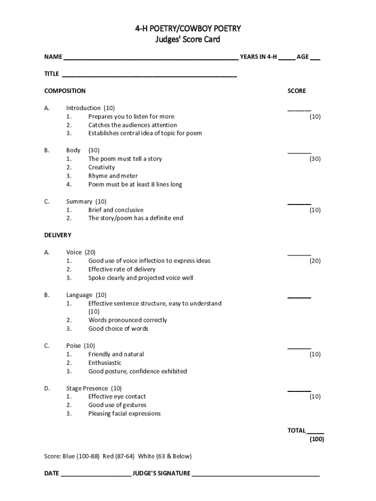 Fillable Online 4-H POETRY/COWBOY POETRY Judges' Score Card Fax Email ...