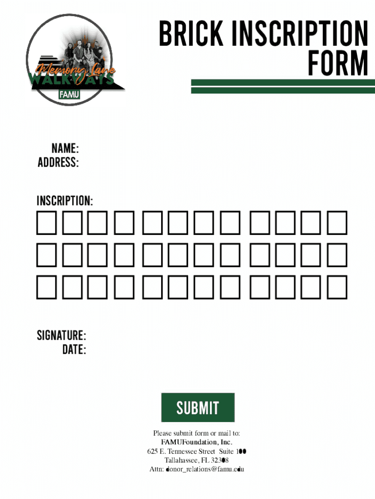 Fillable Online BRICK INSCRIPTION FORM Fax Email Print - pdfFiller