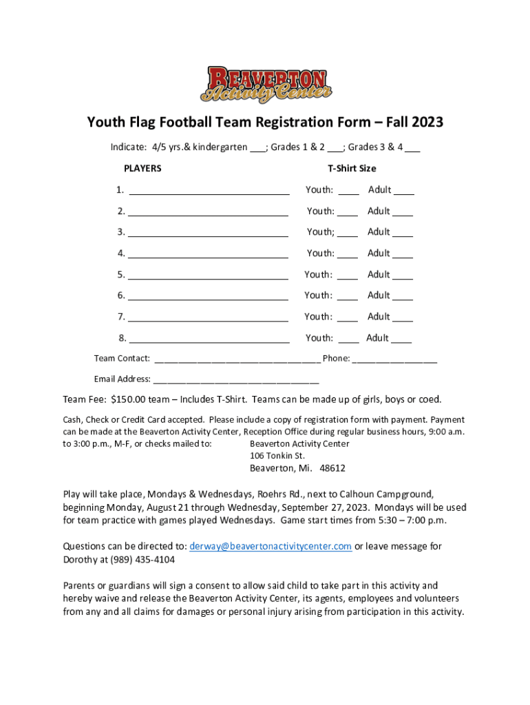 Fillable Online Youth Flag Football Team Registration Form 2023.docx ...