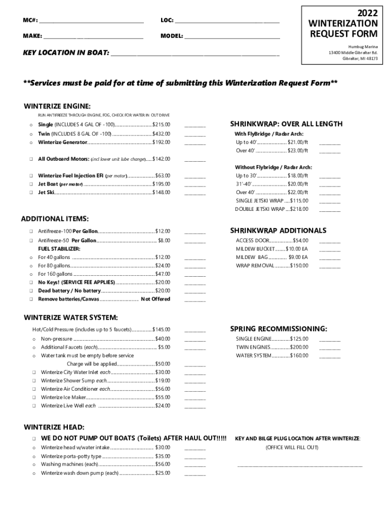 Fillable Online 2022 WINTERIZATION REQUEST FORM Fax Email Print - pdfFiller