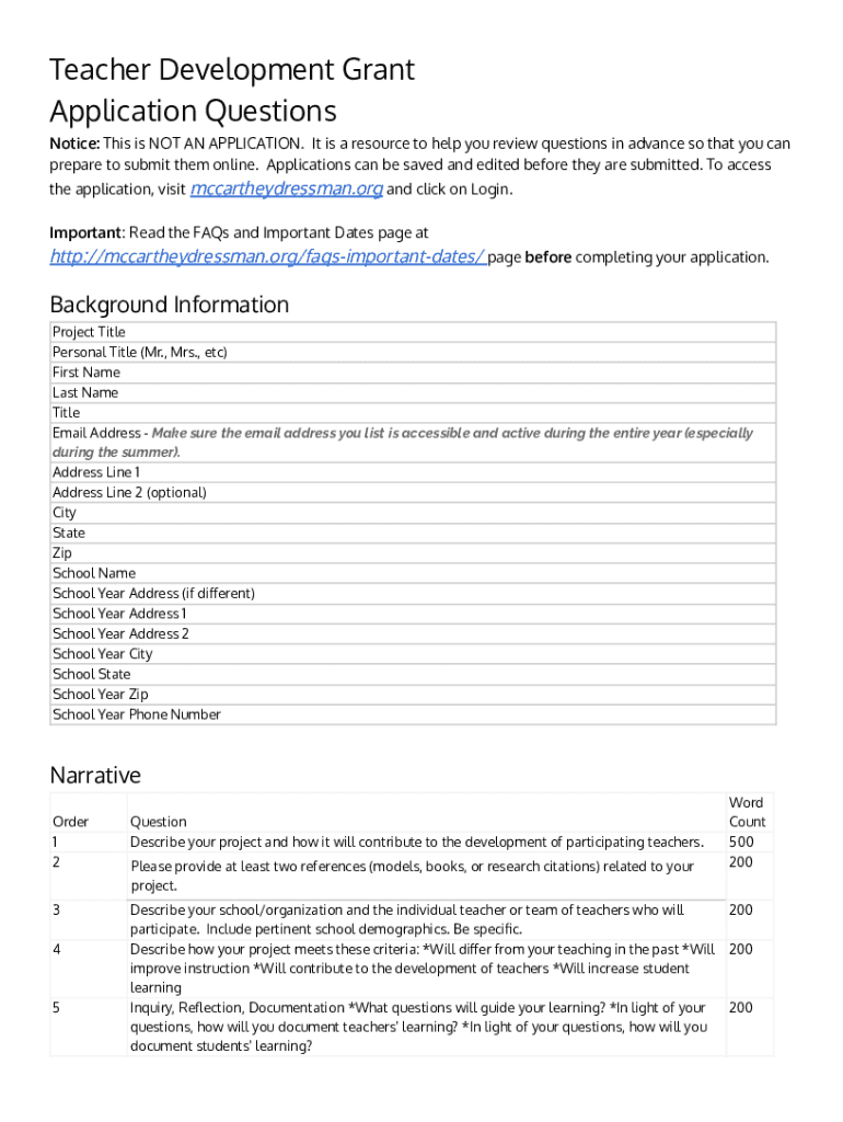 Fillable Online Teacher Development Grant Application Questions Fax Email Print - pdfFiller