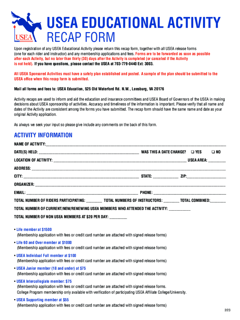 Fillable Online Usea Educational Activity Recap Form Fax Email Print