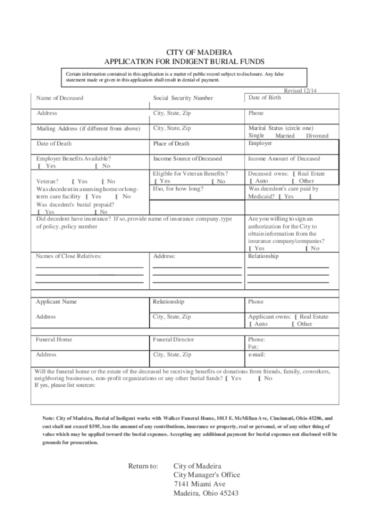 Fillable Online CITY OF MADEIRA APPLICATION FOR INDIGENT BURIAL ... Fax ...