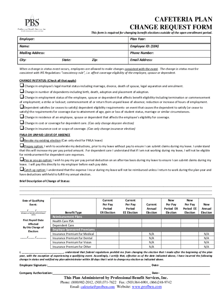 Fillable Online CAFETERIA PLAN CHANGE REQUEST FORM Fax Email Print ...