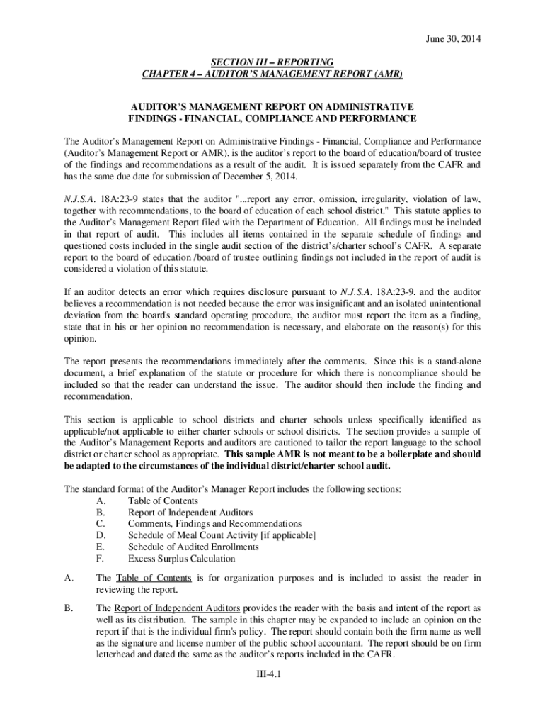 Fillable Online auditor's management report on administrative findings ...