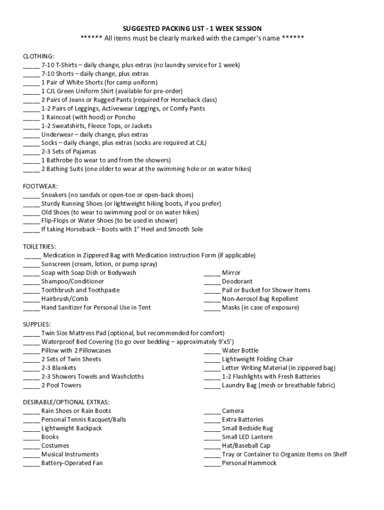 Fillable Online This packing list serves as a guide. Please label all ...