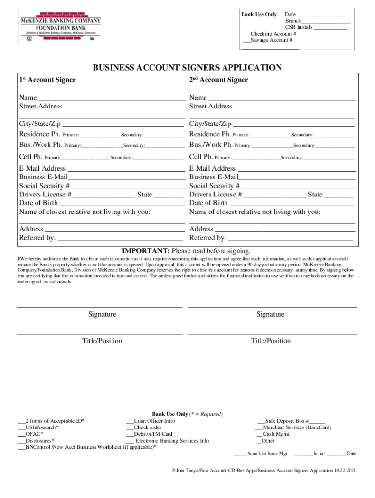 Fillable Online BUSINESS ACCOUNT SIGNERS APPLICATION Fax Email Print ...