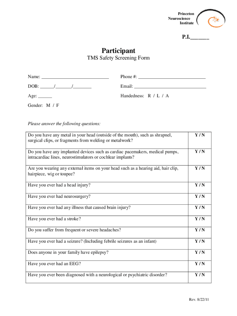 Fillable Online Participant - TMS Safety Screening Form Fax Email Print ...