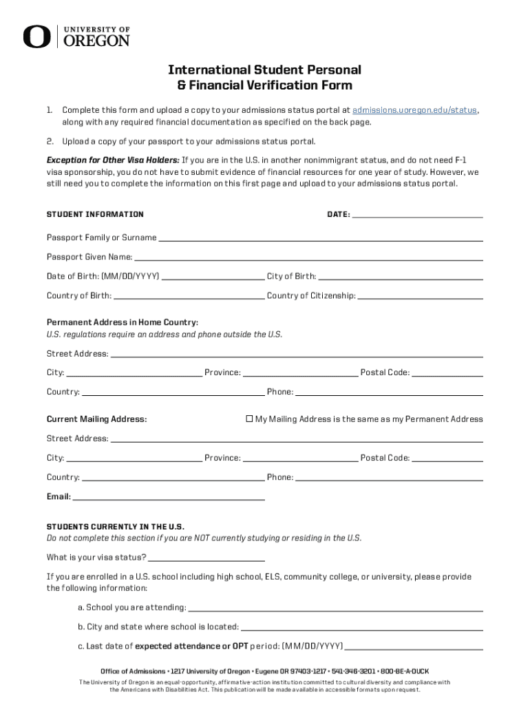 Fillable Online Admissions Uoregon International Student Personal 
