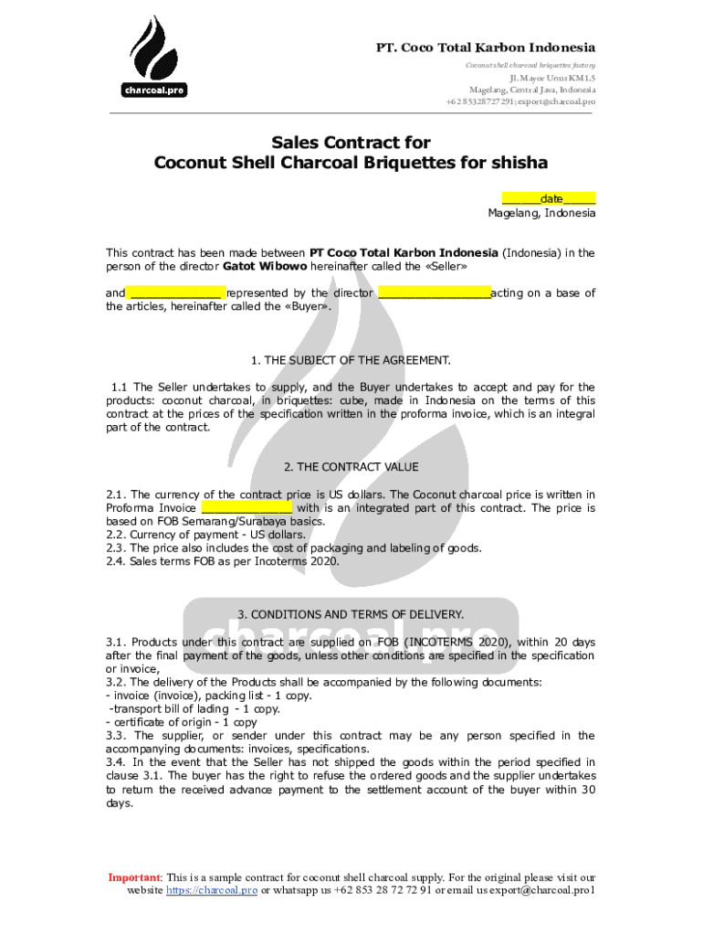 Fillable Online Sample sales contract for coconut shell charcoal ...