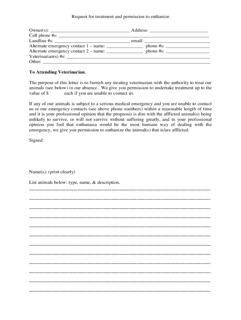 Fillable Online Request for treatment and permission to euthanize Owner ...