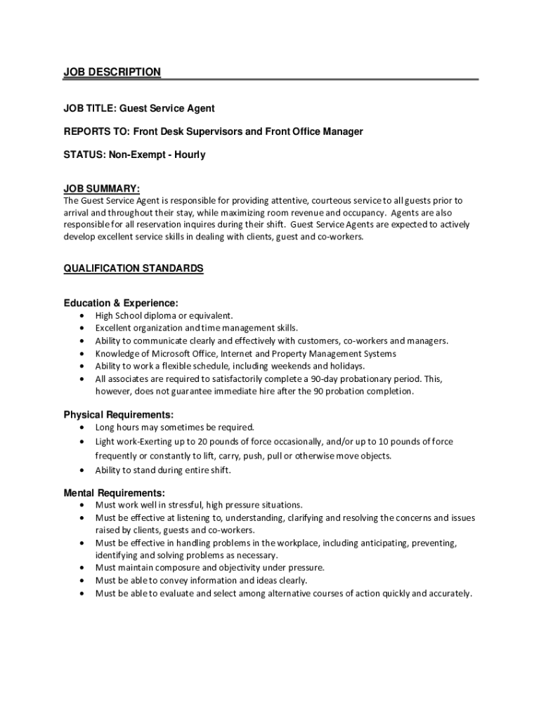Fillable Online Job Description: The Front Office Manager has overall ...