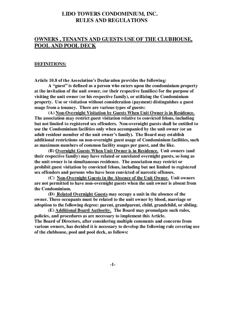 Fillable Online Rules for Use of the Condominium Swimming Pool and ...