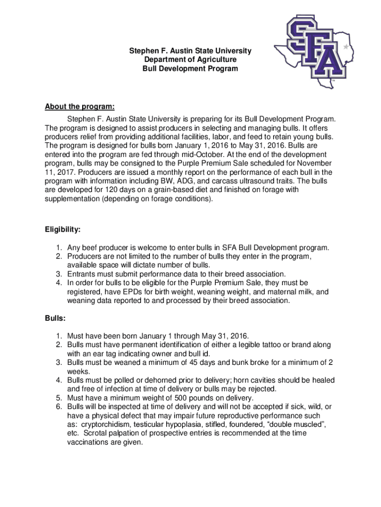 Fillable Online Bull Development Program Stephen F. Austin State ...