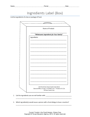 Fillable Online Graphic Organizer - Ingredients Label (Box ...